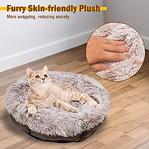 KOOLTAIL Cat Bed, Super Soft Plush Calming Cute Warm Cat Beds for Indoor Warm in Winter, Marshmallow Pet Bed，Anti Anxiety Donut Cuddler Round Dog Kitty Bed Furry Cushion Bed Washable (Brown)