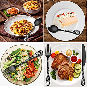 XIAOYU 20-Piece Bizarre Flatware Set, Gothic Skull Silverware Set for 4, Skeleton Flower Unique Pattern Design, Knives/Forks/Spoons Cutlery Set Halloween Event Tableware Utensils, Black