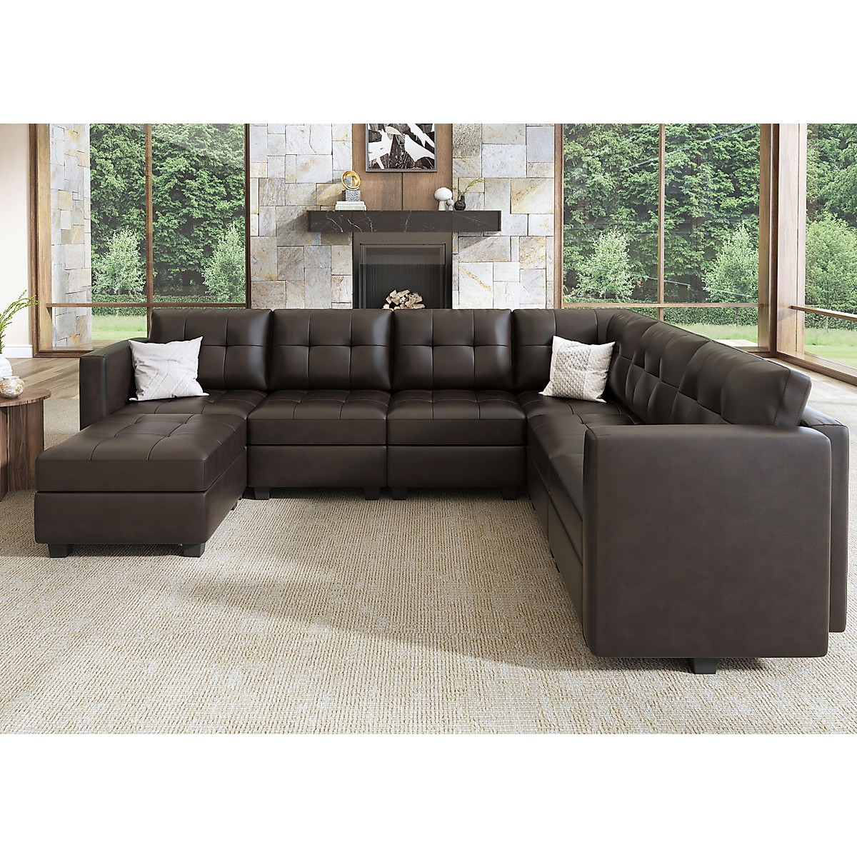 HONBAY Modular Sectional Couch with Storage Faux Leather Convertible Modular sectional Sofa u Shaped Couch with Ottomans and Chaises Faux Leather 7-Seater Sectional Sofa for Living Room, Brown