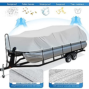 Solim Trailerable 800D PU Heavy Duty Pontoon Boat Cover, 22-24ft Waterproof Marine Grade Oxford UV Resistant Polyester Canvas Cover, Boat Cover for Pontoon with Adjustable 14 Tie Down Straps, Gray