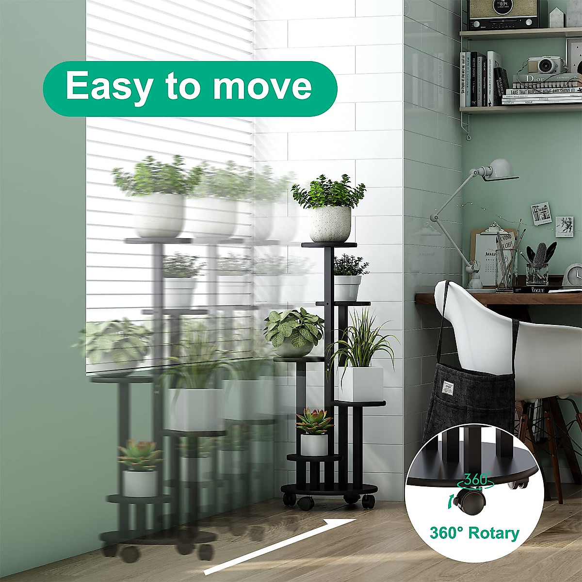 Black Plant Stand with Wheels, 5 Tiered Bamboo Tall Plant Stands for Indoor Plants Multiple, Corner Plant Stand for Window Garden Balcony Living Room Outdoor