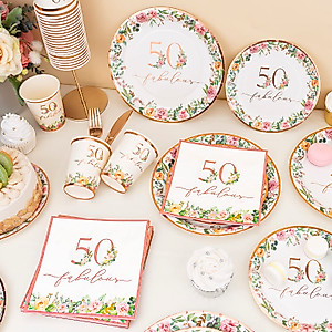 Crisky 50th Birthday Napkins and Plates for Women Rose Gold Floral Party Decoration, 50 and Fabulous Plates and Napkins for Women 50th Birthday.