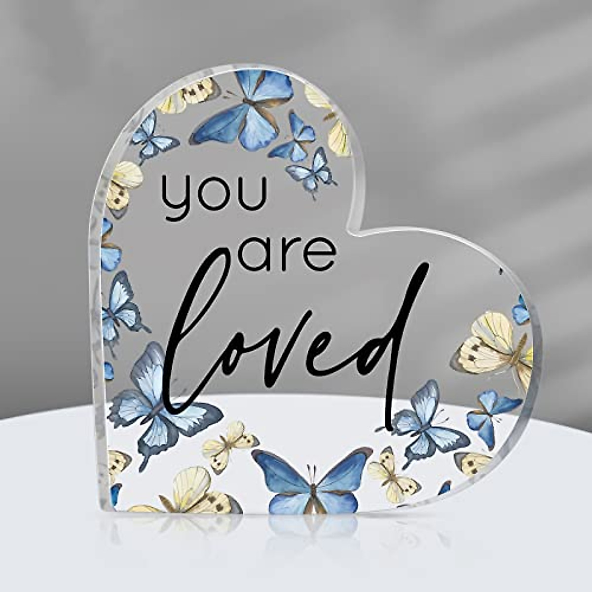 Yulejo Acrylic Heart Shaped Sign Decor with Butterflies Appreciation Heart Tables Centerpiece Inspirational Desk Keepsake Gift for Colleague Friends Coworker Teacher Christmas(You Are Loved)