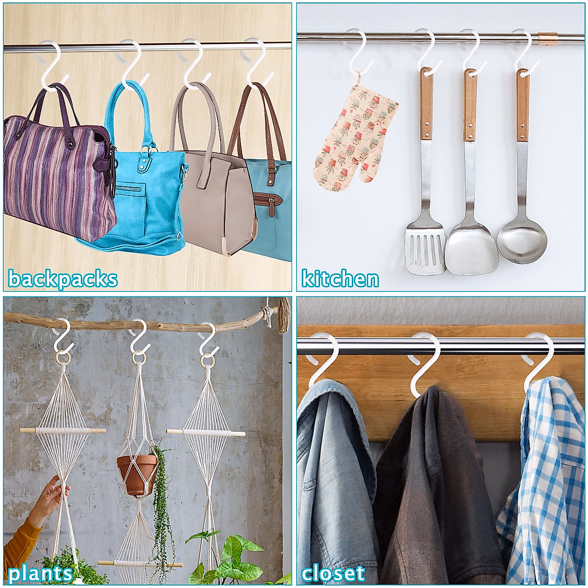 6 Pack Secure & Quiet Plastic S Hooks for Hanging Towel, 3.5 Inch Shower Curtain Hooks Rings Rust-Free,Twist & Lock Small Closet S Hooks for Shower Curtain, Clothes, Towels, Hats (White)