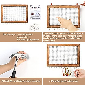 Jewelry Organizer Wall Mounted 4 Pack Rustic Wood Jewelry Display Organizer Holder with Hooks for Ear Rings, Necklaces and Bracelet(Hook + Stencil + Rings + Corkboard)