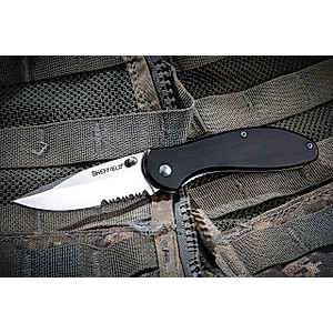 Sheffield 12159 Berda 3 Inch Drop Point Half-Spring Assisted Tactical Folding Pocket Knife, Legal Carry EDC Knife, Camping, Fishing, Hunting Knife, Partially Serrated