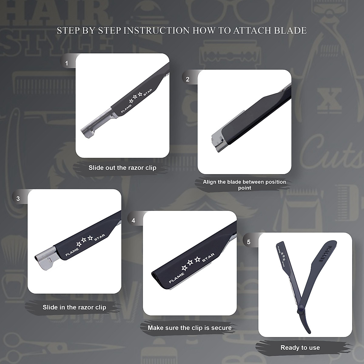Black Straight Edge Barber Razor, Durable Plastic Handle Slide out Razor for Men with 10 Blades by "FLAME STAR''
