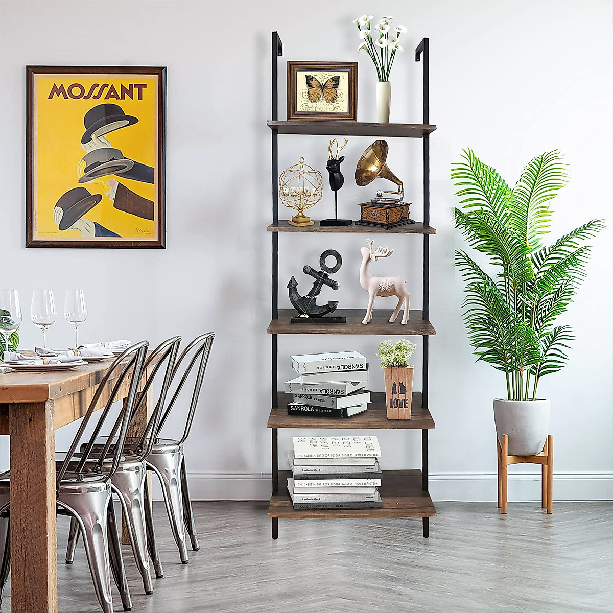 aboxoo Ladder Shelf Open Bookshelf 5-tier Wall-mounted Wood Bookcase Storage Rack Open back Industrial Modern Plant Flower Stand Utility Organizer Bookcase Metal Frame Furniture Office Kitchen Bedroom