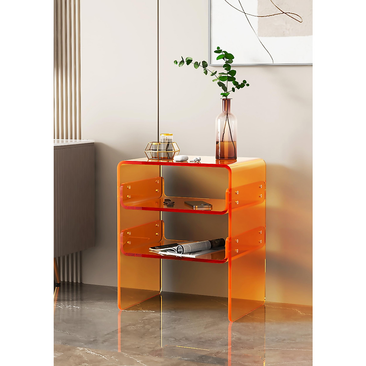 Clear Acrylic 3-Tier End Table/Nightstand – Sleek Bedside Storage with Durable Design, Perfect for Bedrooms, Living Rooms, or Modern Interiors – Ideal as a Bedside Table or Sofa Side Piece (Orange)