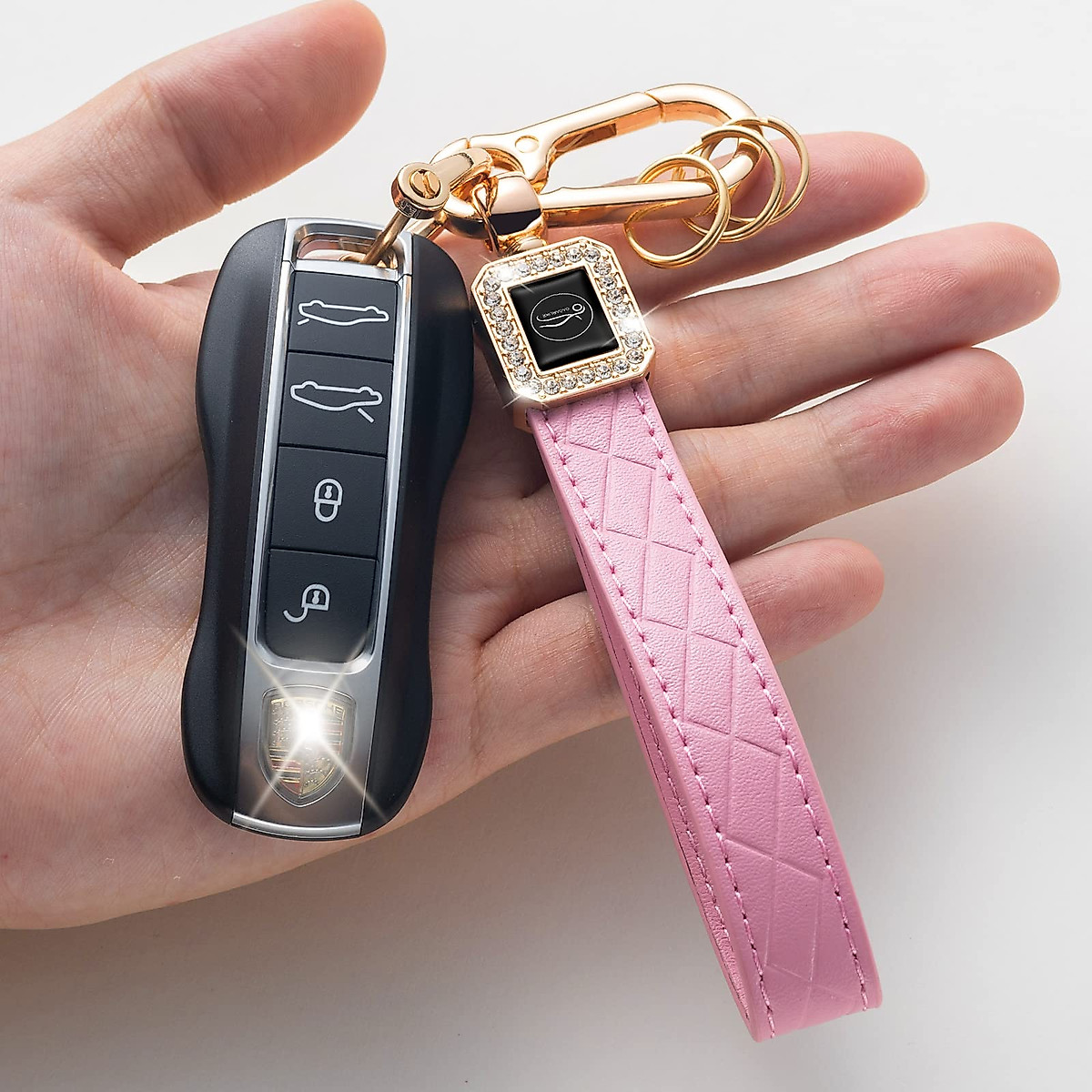 CACARLIKE Universal Leather Car Keychain for Women Men, Extended Car Lanyard Key Fob Holder with 3 Keyrings, Anti-lost D-ring and Carabiner Clip Car Accessories, Pink