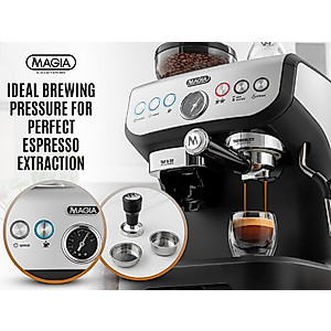 Zulay Kitchen Magia Manual Espresso Machine with Grinder and Extra Large 2L Removable Water Tank and Original Milk Frother with Stand