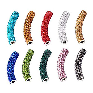 Craftdady 10pcs Mixed Colors Rhinestone Curved Noodle Tube Beads 45-46.5mm Large Hole Long Tube Metal Spacer Beads for Jewelry Making Hole: 4mm