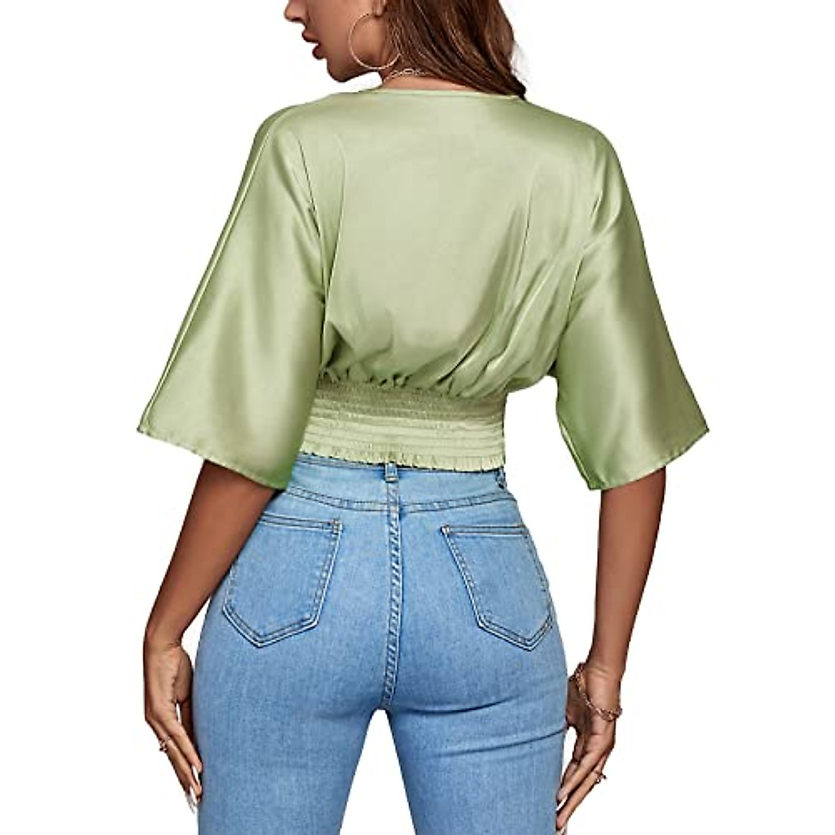 LYANER Women's Satin Deep V Neck Ruched Blouse Shirred Back Batwing Short Sleeve Crop Top Light Green X-Large
