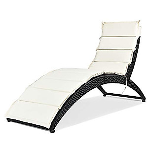 Tangkula Foldable Patio Lounge Chair, Outdoor Rattan Lounger Chaise, Portable Patio Chaise with Cushion, All-Weather Wicker Furniture for Garden Lawn Balcony Backyard Poolside (1, Beige)