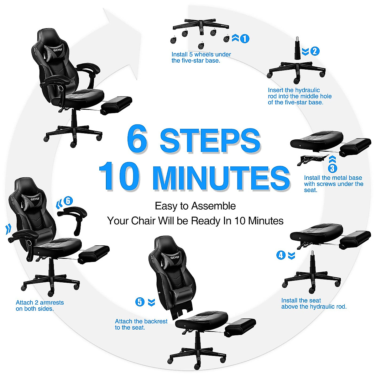 ELECWISH Gaming Chair, Reclining Computer Chair with Footrest and Lumbar Support, High Back Ergonomic Gamer Chair for Adults, Gaming Desk Chair with Headrest PU Leather
