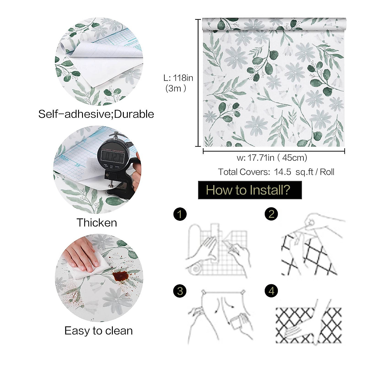 LXCREAT 17.71in x 118in Boho Peel and Stick Wallpaper and Green Leaf Contact Paper for Bathroom Decoration