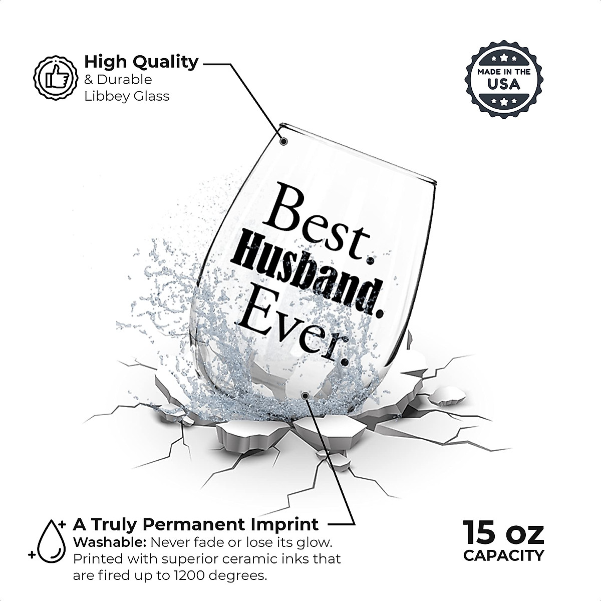 Momstir Best Husband Ever 15oz Stemless Wine Glass with Sayings Unique Present for Him, Hubby, Men, Husband from Wife - Romantic Idea for Anniversary, Birthday