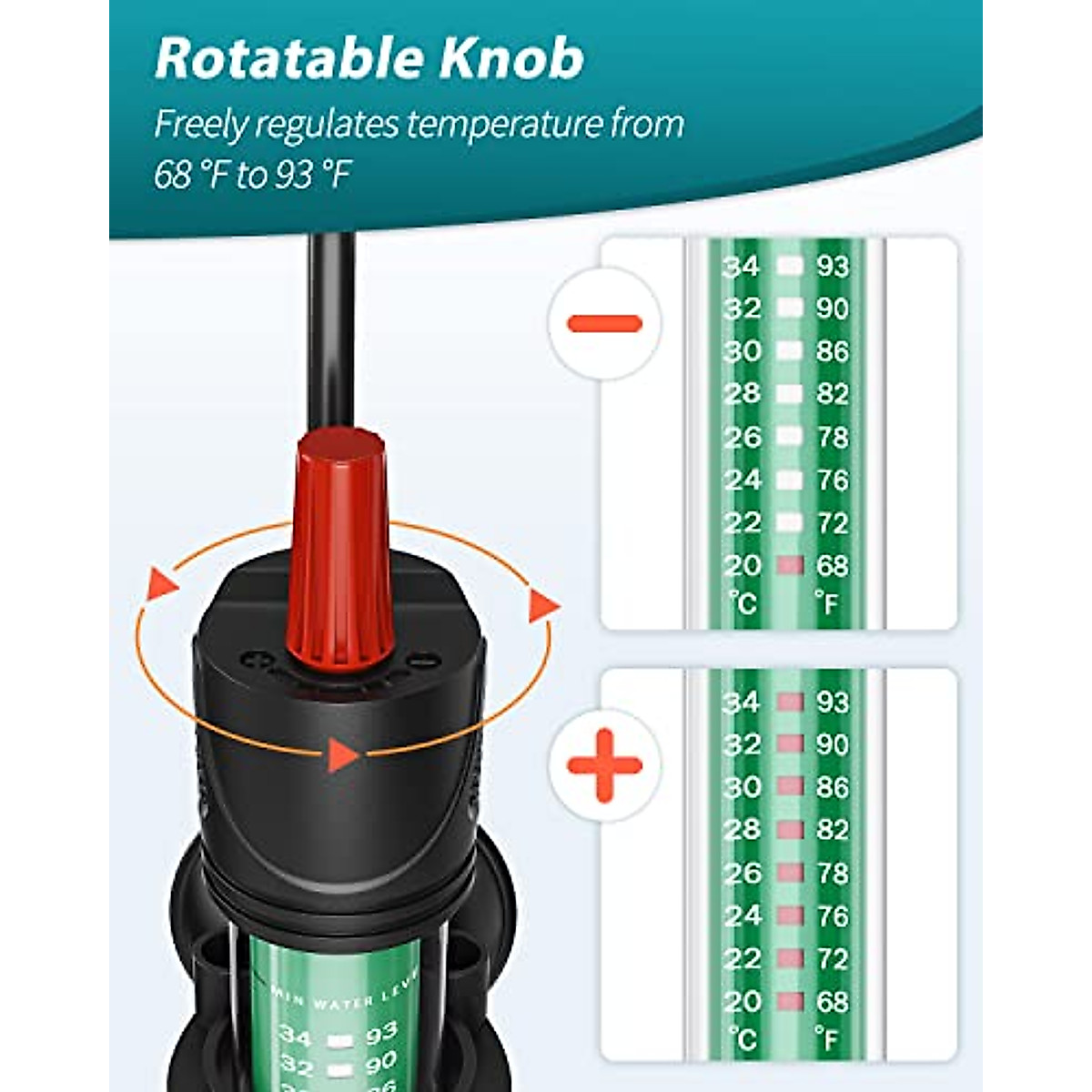 Uniclife Aquarium Heater 25W/50W/100W/200W Adjustable Submersible Heating Rod with Electronic Thermostat LED Indicator Light and Thermometer Sticker for Freshwater Marine Fish Tanks