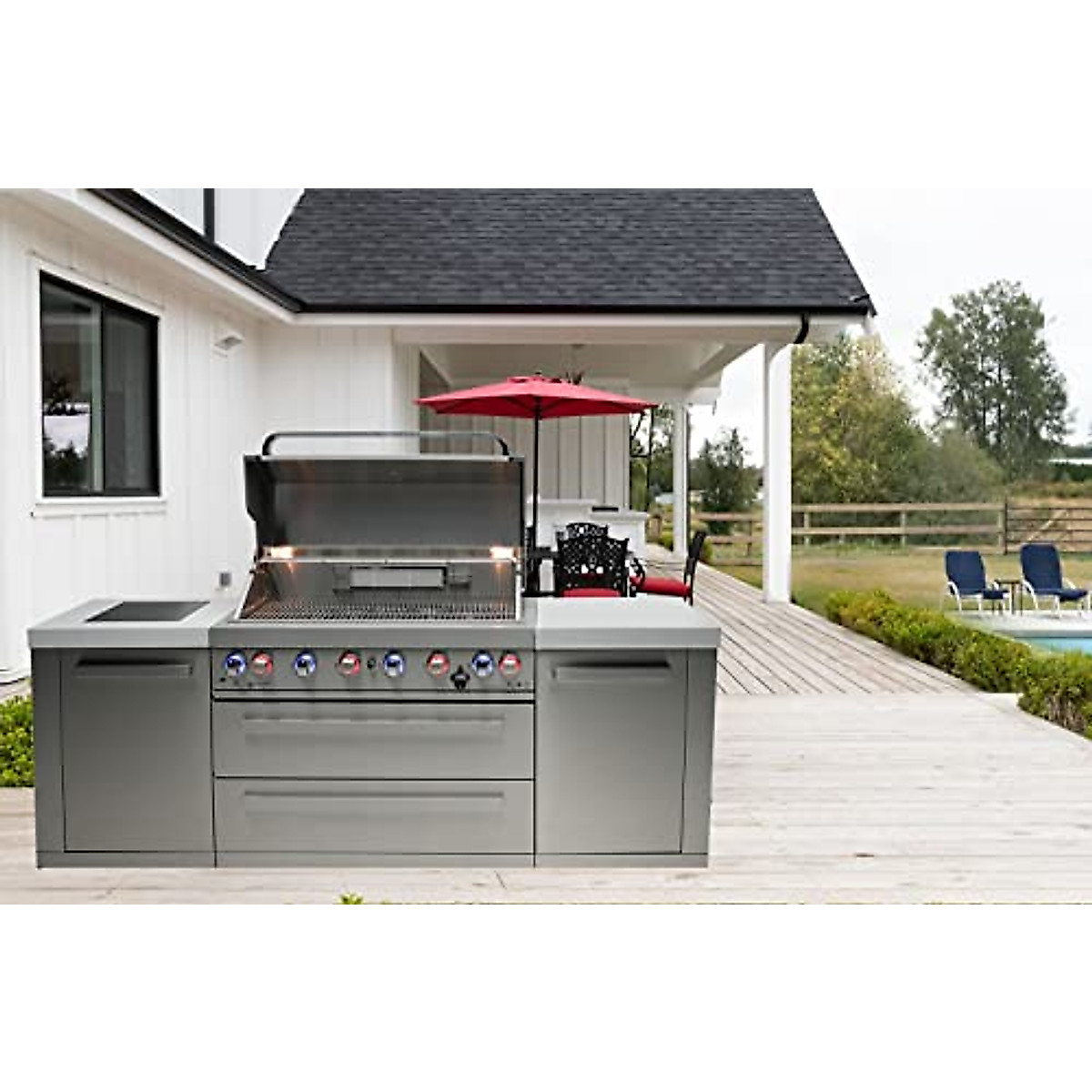 Mont Alpi MAi805 44-inch 6-Burner 115000 BTU Stainless Steel Gas Outdoor Kitchen Bar Barbecue Modular Island Grill w/ Infrared Side & Rear Burners + Granite Countertops + Storage Cabinets & Drawers