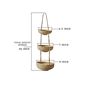 Serene Spaces Living Hanging Raffia Baskets for Your Kitchen – 3 Fair Trade Handmade Decorative Storage Baskets from Madagascar for Fruit and Vegetables