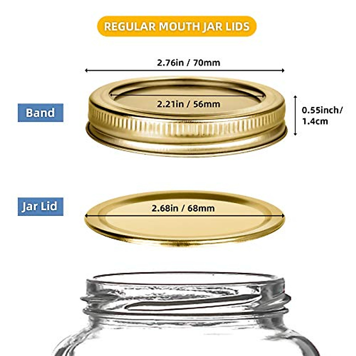 MAEXUS 24 Pcs Canning Lids, 12 Jar Rings + 12 Canning Lids Regular Mouth Mason Jar Lids, Split-Type Metal Mason Jar Lids for Ball, Kerr Jars (Golden)