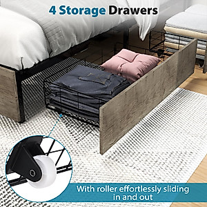 Kiivakii Full Size Bed Frame with Headboard, LED Platform Bed with 4 Storage Drawers, Built in Charging Station, Noise-Free, Metal Support Base, No Box Spring Needed, Gray