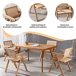Westice Rattan Dining Chairs Set of 6, Wooden Kitchen Chairs with Faux Cane Seat & Backrest, Solid Wood Legs, Comfy Farmhouse Retro Side Chair for Indoor Dining Room, Natural