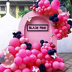 INFLORAL Black and Hot Pink Balloons Garland Arch Kit, 160 PCS Rose Red Black Pink Balloons Set, Latex Balloons Birthday Balloons for Party Decoration