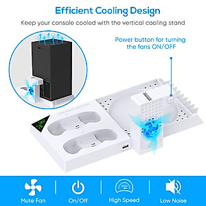 Vertical Cooling Stand for Xbox Series X, Dual Controller Charging Dock Station for Xbox Series X Cooling Fan with 2 Pack 1400mAh Rechargeable Batteries, 10 Games Storage and Headset Stand, White