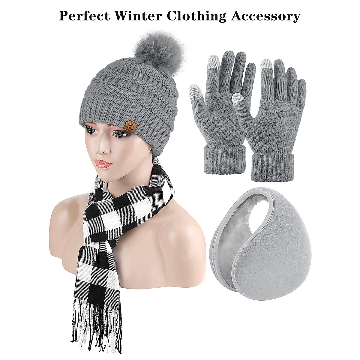 URATOT Beanie Hat Scarf Gloves 4 in 1 Winter Set Knitted Scarf Hat Touch Screen Gloves and Winter Ear Warmer for Unisex