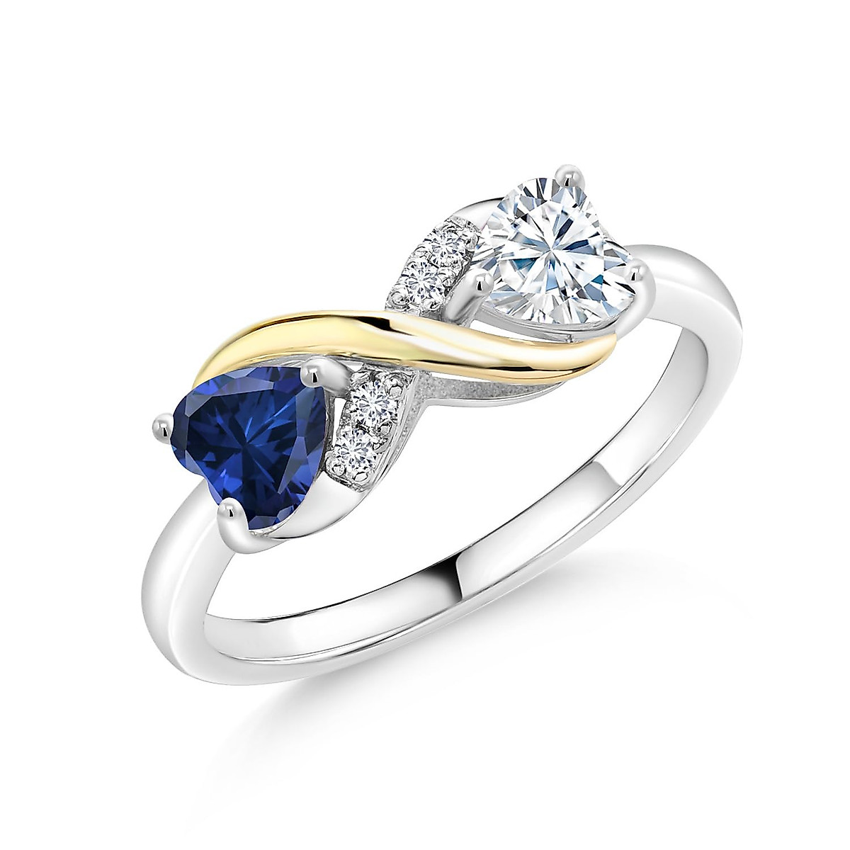 925 Sterling Silver and 10K Yellow Gold Heart Shape Blue Created Sapphire and Forever Classic Moissanite from Charles & Colvard Ring For Women (1.04 Cttw, Available in size 5, 6, 7, 8, 9)