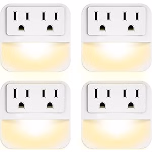 POWRUI Plug-in Night Light with 2-Outlet Extender, Warm White LED Nightlight with Dusk-to-Dawn Sensor for Bedroom, Bathroom, Kitchen, Hallway, Stairs, 4-Pack