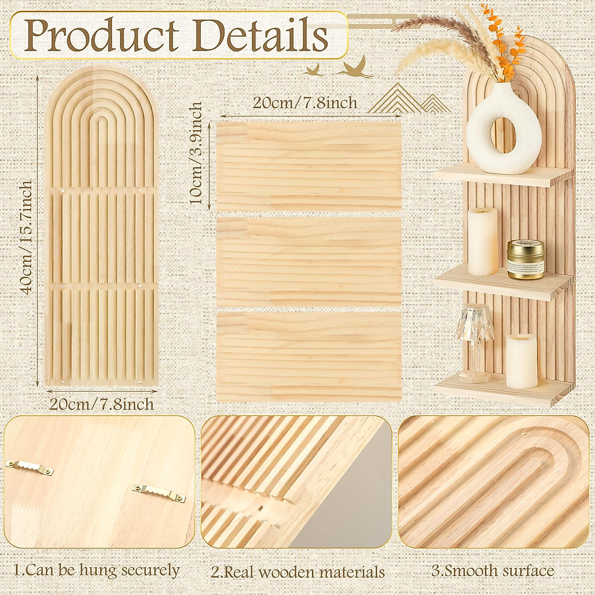 Geetery 2 Pcs Arch Wood Floating Shelf Mid Century Rainbow Wall Shelves Modern Boho Wall Shelf Retro Wall Mounted Wood Arch Wall Decor for Bedroom Living Room Classroom Bathroom Display (3 Tier)