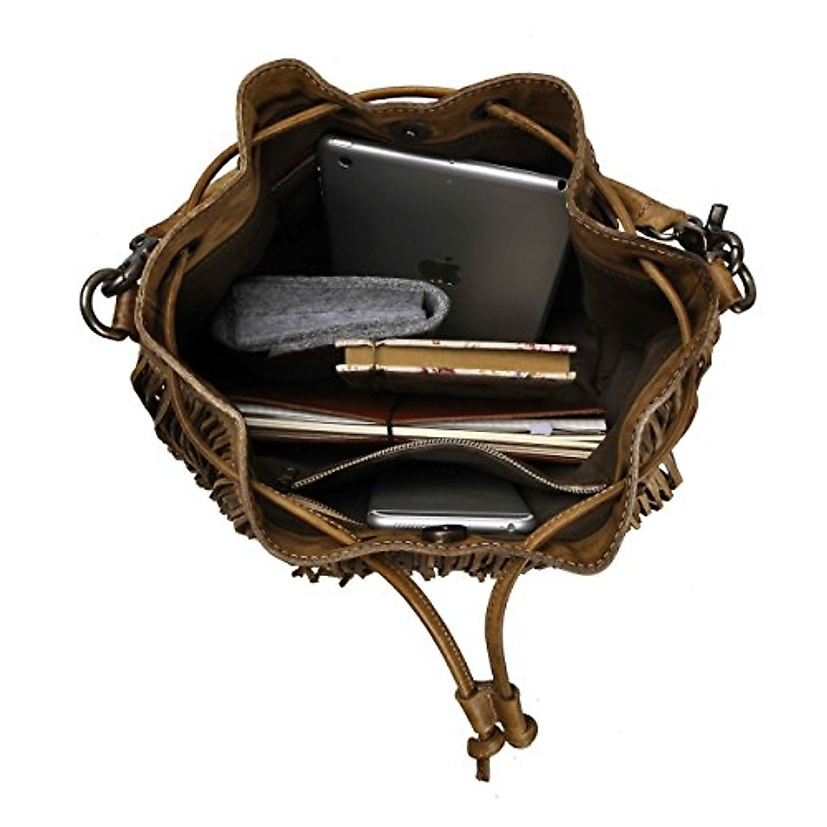 ZLYC Women Handmade Dip Dye Leather Bohemian Fringe Tassel Drawstring Bucket Bag, Brown