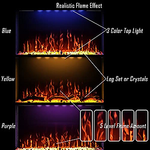 Masarflame 36 Inches Electric Fireplace, Ultra-Narrow Bezel Recessed Electric Fireplace Insert, Fireplace Heater with Adjustable Top Light, Timer, Thermostat, Remote Control, 750W/1500W