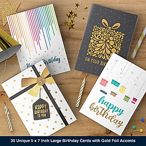 Dessie 30 Unique Happy Birthday Cards - 30 Gold Foil Birthday Cards Bulk With Message Inside. 32 White and Colored Envelopes, Perpetual Birthday Calendar and Gold Sealing Stickers Included In Box