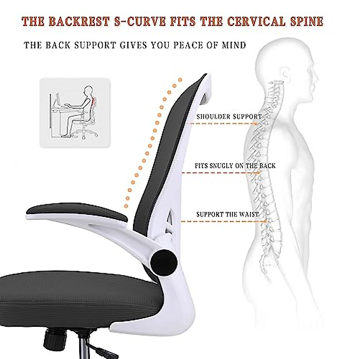 Desk Chair Ergonomic Office Chair Breathable Mesh Chair High-Back Computer Chair with Adjustable Height Headrest Flip-Up Arms and Lumbar Support Executive Rolling Swivel Black