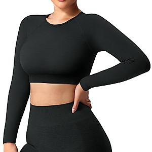 YEOREO Seamless Long Sleeve Crop Gym Shirts for Women Workout Yoga Tops Women Shirt Black Ash