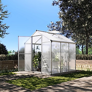 6x6 FT Greenhouse for Outdoors, Polycarbonate Greenhouse with Quick Setup Structure and Roof Vent, Aluminum Large Walk-in Greenhouse for Outside Garden Backyard, Silver
