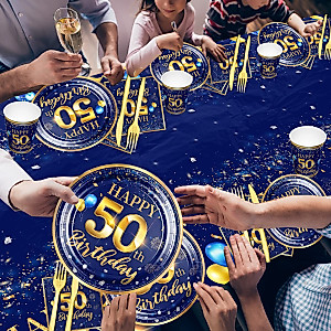 50th Birthday Decoration Men-142pcs Navy Blue and Gold Birthday Tableware Set(Serve for 20) Include Happy 50th Birthday Banner Plates Cups Napkins Tablecloth for Men 50th Birthday Party Supplies (50)