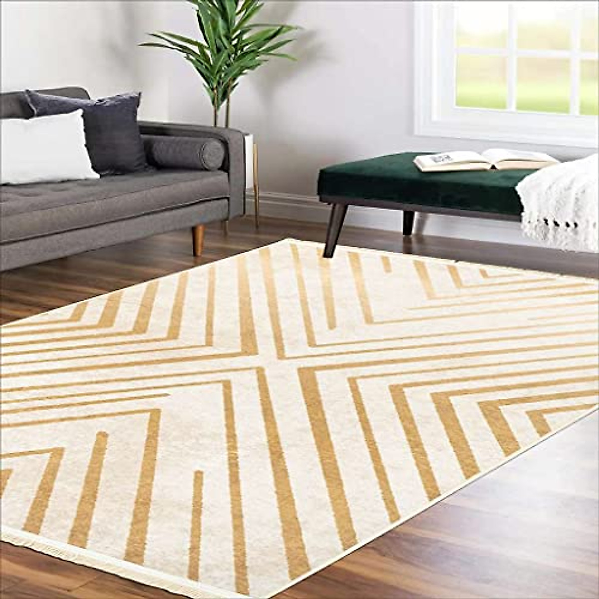 Alfa Rich Rugs, 5x7 Area Rug, Cream - Gold Rug, Non-Slip, Soft, Machine Washable, Living Room Rugs