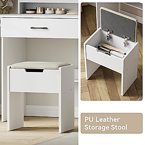 Dowinx Vanity Desk with Mirror and Light, Makeup Vanity with Power Outlet & Storage Stool, Vanity Table with 3 Drawers & 7 Open Shelves, Adjustable 3 Lighting Colors for Bedroom, White