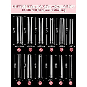 504Pcs XXL No C Curve Nail Tips for Acrylic Nails Professional Set, Straight Tapered Square Clear Nail Tips Half Cover Long Fake Nails, Ballerina Shaped French Nails for Nail Salon and DIY Nail Art