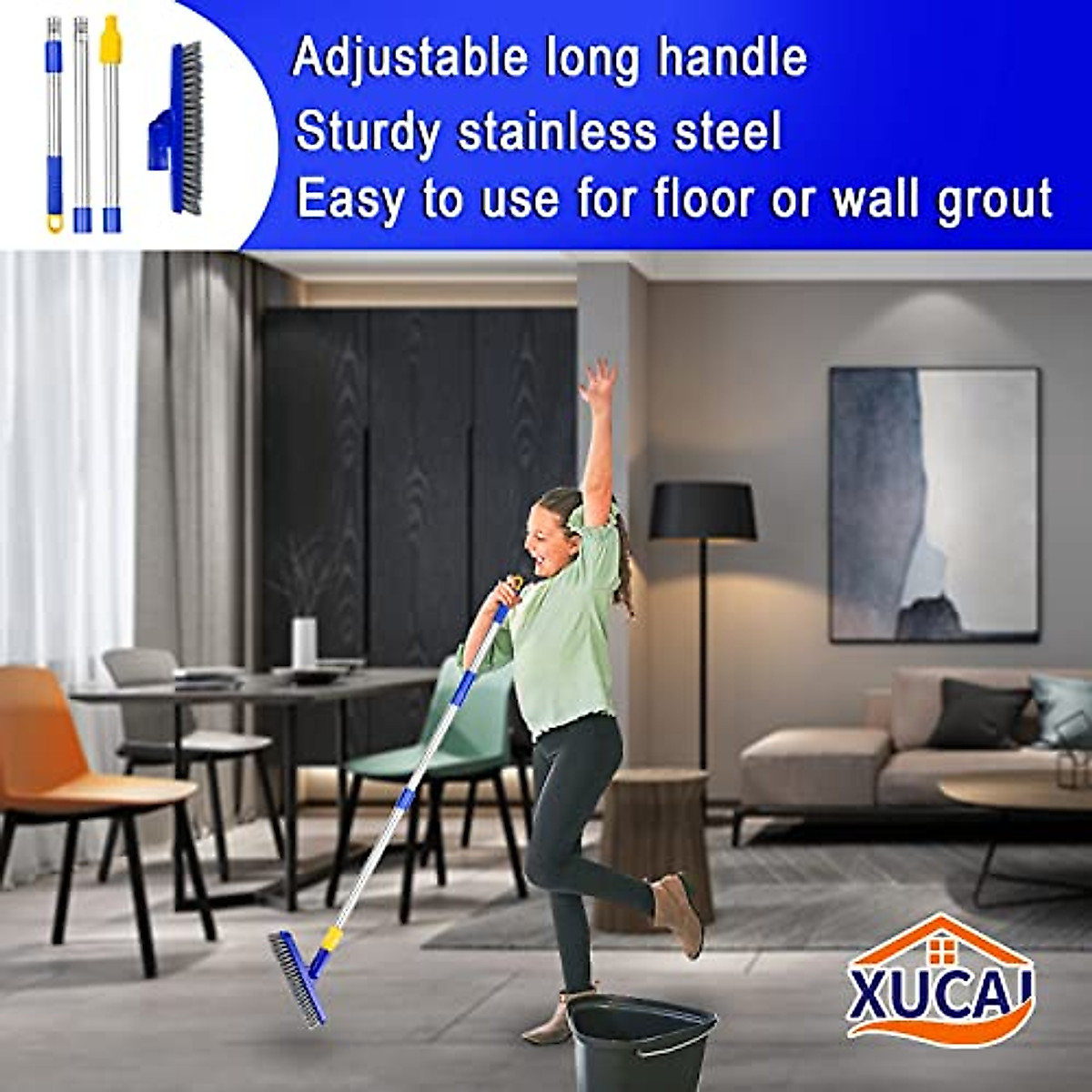 Long Handle Grout Brush for Floor to Wall Grout Line Cleaning,No Knees Floor Scrub Brush with Stiff Bristles for Tile,Shower,Bathroom,Toilet by XUCAI Household Cleaning Supplies-Dreamy Blue