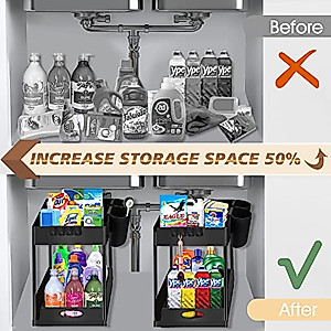 WAYCOM Under Sink Organizer with Sliding Storage Drawer, 2-Tier Sliding Cabinet Basket Organizer Shelf with 2 Hanging Cups and 4 Hooks Organizer Shelf Storage Baskets Under Sink Racks for Bathroom