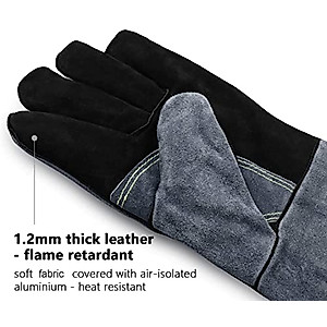 932℉ Grill BBQ Gloves 16-inch Heat Resistant Leather Forge Welding Glove with Flame Retardant Long Sleeve and Insulated Lining for Men and Women Black-Gray