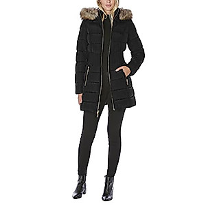 Laundry By Shelli Segal Women's 3/4 Puffer Jacket with Zig Zag Cinched Waist and Faux Fur Trim Hood, Black (2016), X-Small