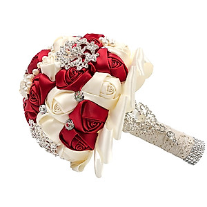 Abbie Home 8 Inches Bride Wedding Bouquet in Burgundy - White Satin Roses with Pearls Rhinestone Brooches Accessories (Burgundy&White)