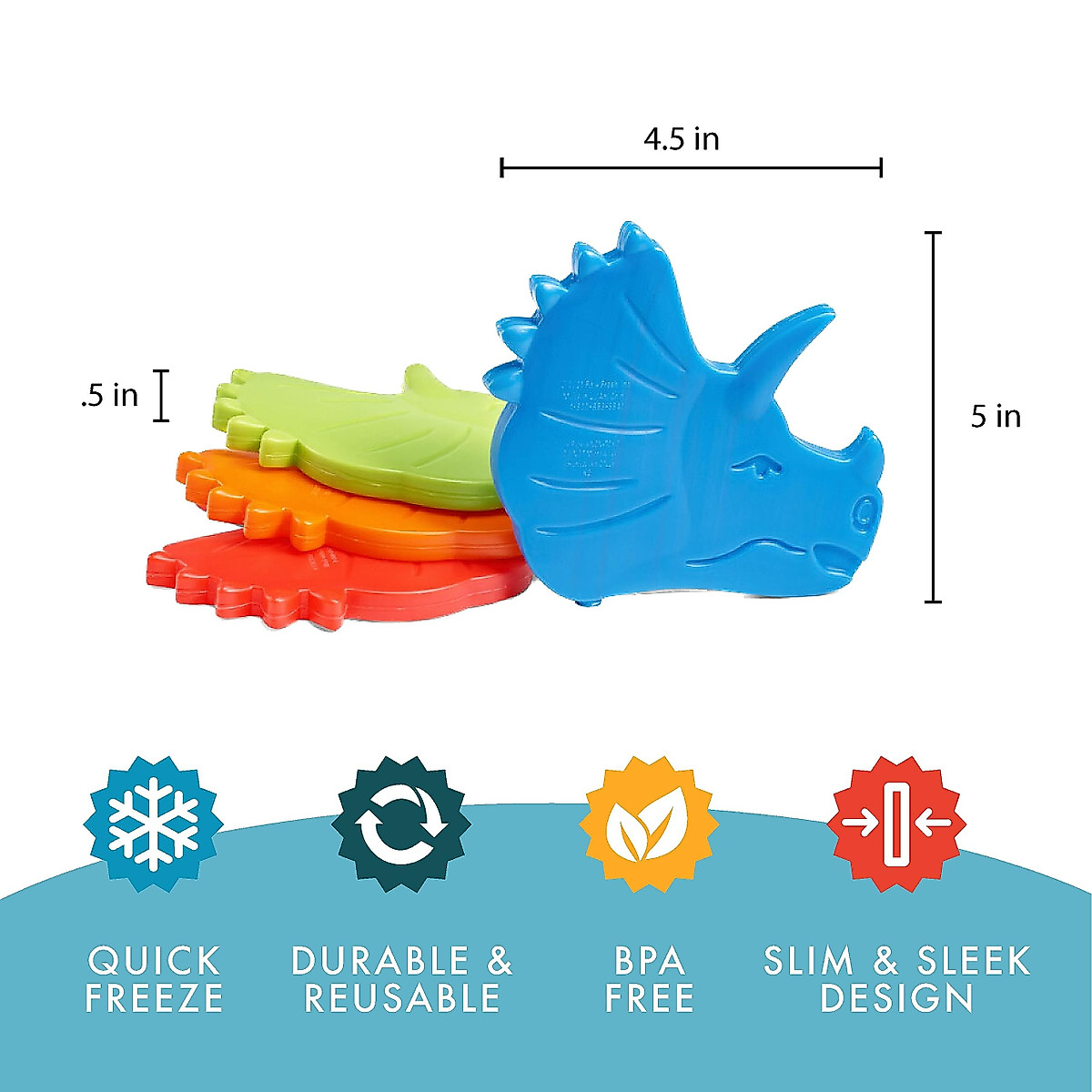 Cool Coolers Kids Lunch Box Ice Packs, Slim Ice Packs for Lunch Bags, Lunch Ice Packs Reusable-Multicolored 4 Pack (Dinosaur)