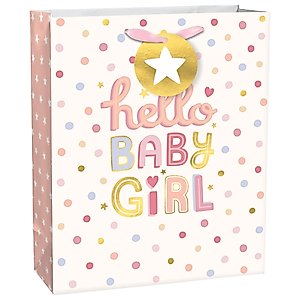 Large Paper Gift Bag with Hang Tag - 13" x 10.5" x 5", 1 Piece - Perfect for Celebrations, Hello Baby Girl Dots